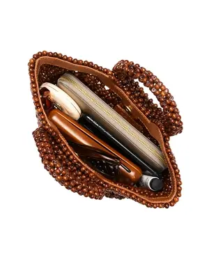 Aqua Woven Beaded Top Handle Bag - Brown