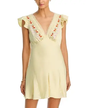 Aqua Lace & Embroidery Trim Mini Dress - Yellow