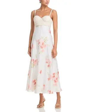 Aqua Floral And Lace Midi Dress - White Multi