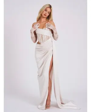 MISS CIRCLE NEW YORK Strapless Corset Draping Gown With High Slit - White