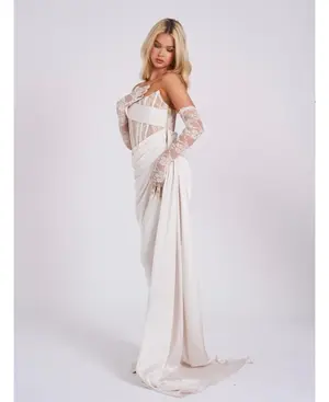 MISS CIRCLE NEW YORK Strapless Corset Draping Gown With High Slit - White