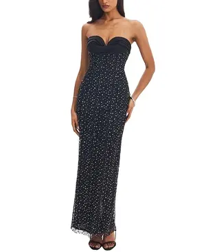 MISS CIRCLE NEW YORK Satin And Crystal Mesh Sheath Maxi Dress - Black