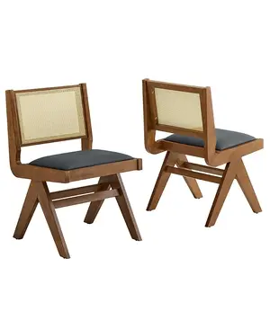 MODWAY Thera Leather And Cane Dining Side Chairs, Set Of 2 - Walnut Black
