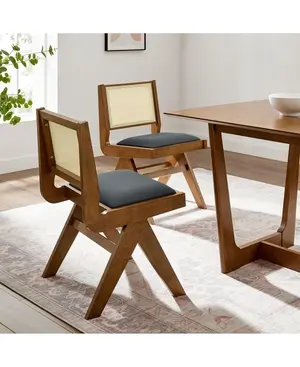 MODWAY Thera Leather And Cane Dining Side Chairs, Set Of 2 - Walnut Black