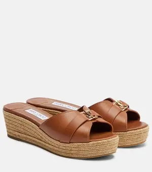 JIMMY CHOO Leda Leather Espadrille Wedges - Brown
