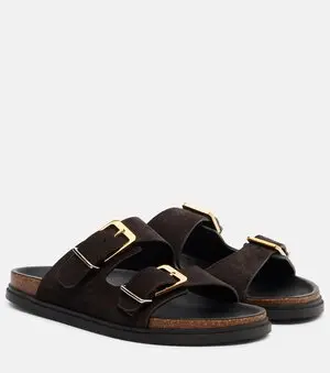 THE ROW Buckle Suede Slides - Brown