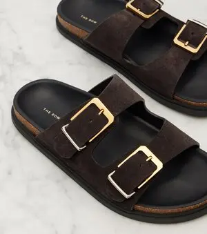 THE ROW Buckle Suede Slides - Brown