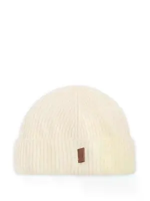 AMI Paris Extrafine Merino Wool Beanie Hat With Leather Logo Label - Neutrals