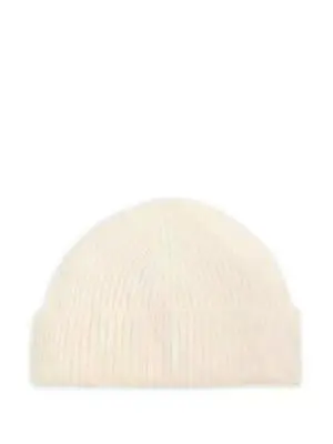 AMI Paris Extrafine Merino Wool Beanie Hat With Leather Logo Label - Neutrals