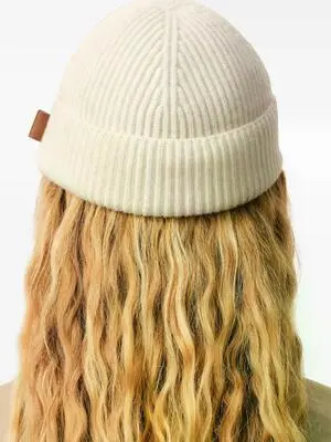AMI Paris Extrafine Merino Wool Beanie Hat With Leather Logo Label - Neutrals
