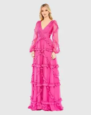 Mac Duggal Cascading Ruffle Puff Sleeve A-line Gown