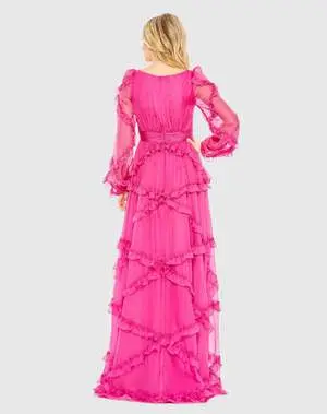 Mac Duggal Cascading Ruffle Puff Sleeve A-line Gown