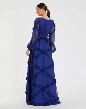 Mac Duggal Cascading Ruffle Puff Sleeve A-line Gown