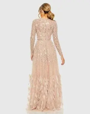 Mac Duggal Petite Embellished Sequin Gown With Feather Detail - Pink