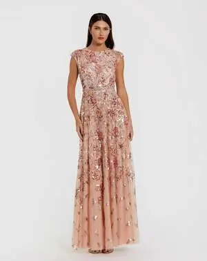 Mac Duggal Embellished High Neck Cap Sleeve A-line Gown - Orange