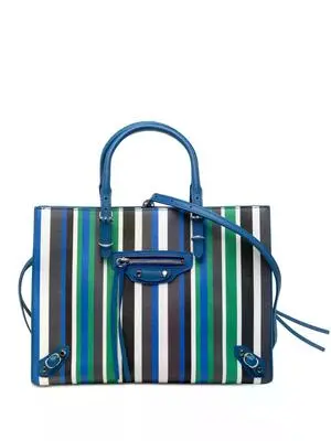 Balenciaga 2017 Mini Leather Striped Papier A6 Zip Around Satchel - Blue