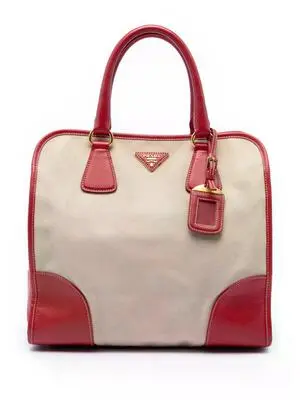 Prada Saffiano Trimmed Canapa Satchel - Brown