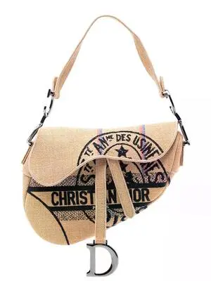 Dior 2022 Mini Embroidered Jute Canvas Saddle Bag - Brown