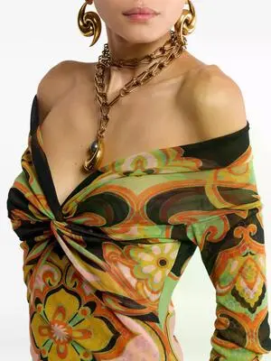Etro Asymmetric Tulle Midi Dress With Placed Floral Print