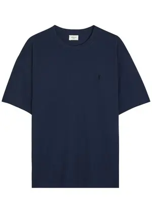 Saint Laurent Logo-embroidered Piqué Cotton-blend T-shirt - Blue