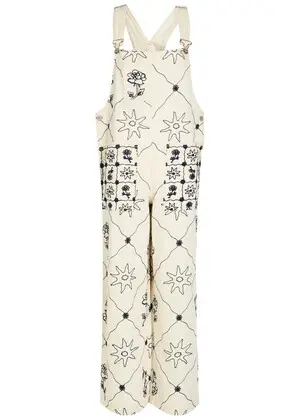 Free People Rising Sun Embroidered Denim Overalls - White