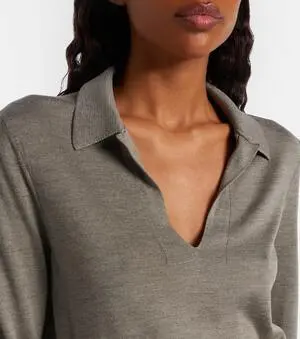 Khaite Mikel Silk Polo Sweater Sterling - Grey