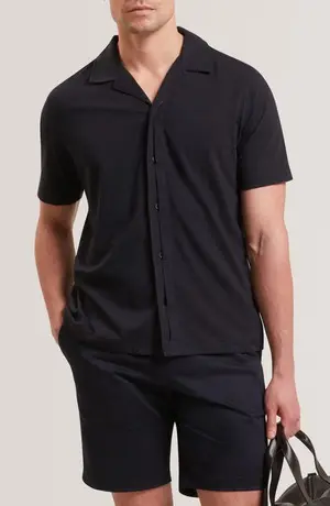 Ted Baker London Fendry Cotton & Linen Knit Camp Shirt - Navy