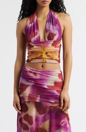 FENERS Festa Print Plunge Halter Neck Crop Top - Bloom