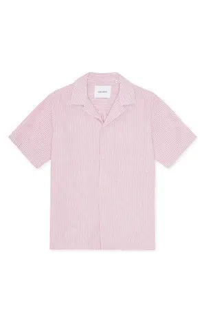LES DEUX Lukas Stripe Cotton & Linen Camp Shirt - Crocus Pink