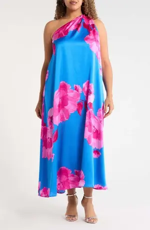 SUGARLIPS Floral One-shoulder Maxi Dress - Blue-pink-combo