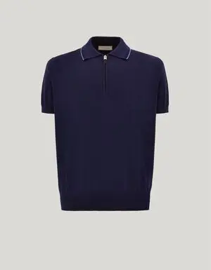 Canali Giza Cotton Polo Shirt With Zipper And Contrasting Piping - Blue