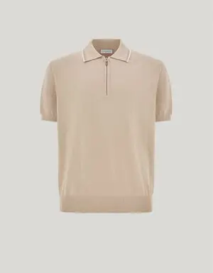 Canali Giza Cotton Polo Shirt With Zipper And Contrasting Piping - Beige