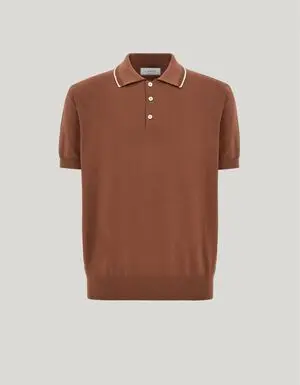 Canali Polo Shirt In Garment-dyed Giza Cotton With Contrasting Piping - Brown
