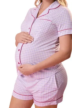 KINDRED BRAVELY Clea Maternity & Postpartum Short Sleeve Pajama Set - Lavender Gingham