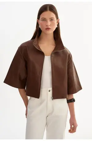 LAMARQUE Elin | Leather Funnel Neck Jacket - Mid Brown
