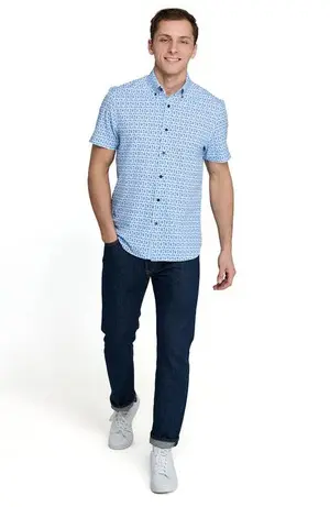 CON.STRUCT Slim Fit Circle Geo Performance Short Sleeve Shirt - Light Blue/navy