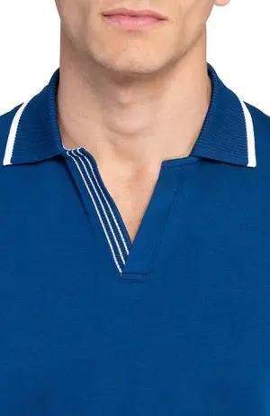 CON.STRUCT Slim Fit Solid Johnny Collar Short Sleeve Polo - Navy