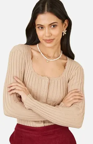 YUMI Fitted Ribbed Knit Cardigan