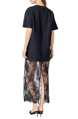 Endless Rose Mixed Media Cotton Knit & Lace T-shirt Dress - Black