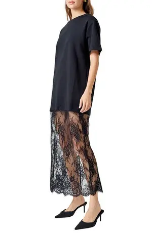 Endless Rose Mixed Media Cotton Knit & Lace T-shirt Dress - Black