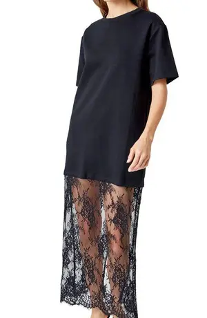 Endless Rose Mixed Media Cotton Knit & Lace T-shirt Dress - Black