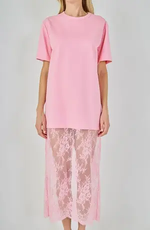 Endless Rose Mixed Media Cotton Knit & Lace T-shirt Dress - Pink