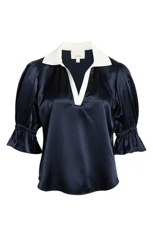 Cinq À Sept Silk Johnny Collar Top - Navy/ivory