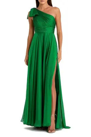 Mac Duggal Pleated One Shoulder Chiffon Gown - Emerald