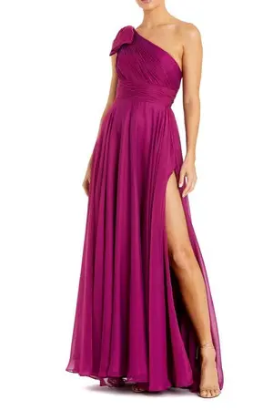 Mac Duggal Pleated One Shoulder Chiffon Gown - Raspberry