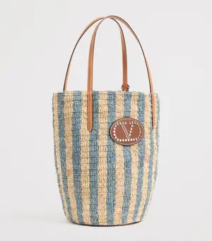 Valentino Garavani Straw Vlogo Signature Bucket Bag - Blue