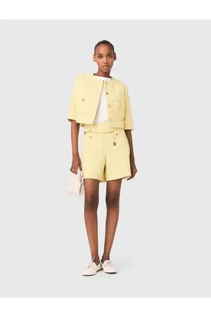 Maje And White Textured Tweed Shorts With Removable Gold Chain Belt