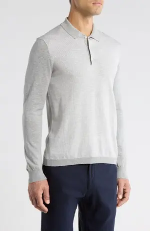 JACK VICTOR Francois Long Sleeve Cotton & Silk Polo Sweater - Light Grey