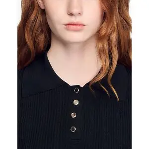 Sandro Collared Short-sleeve Knitted Polo - Black