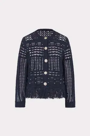 MILLY Beaded Fringe Crewneck Cardigan Jacket